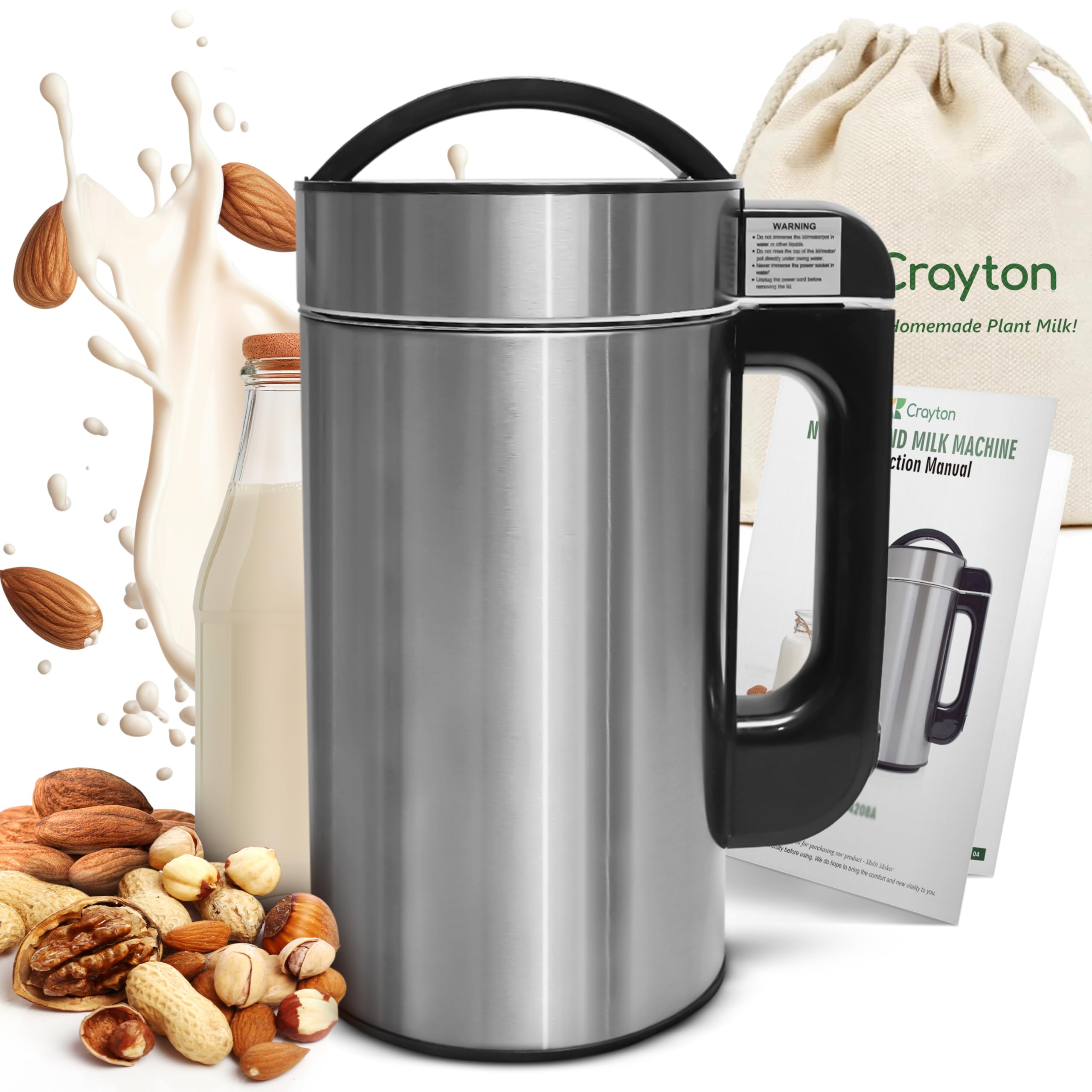 Crayton Nut Milk Maker Machine with Built-in Strainer, 51oz/ 1.5L Stainless Steel Almond Milk Maker for Soy, Almond, Oat, Cashew Nut Milks & More, 7-in-1 Multi-Functional, 6-7 Cups Per Batch, 120V