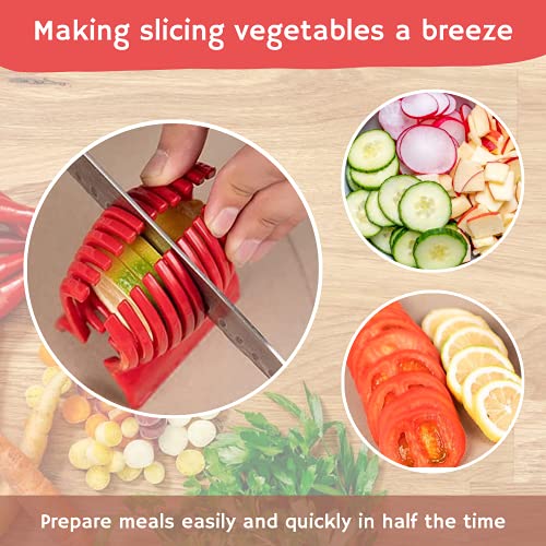 Tomato Slicer Holder with Ergonomic Grip and Dividers Vegetable Cutter for Precise Cuts Firm Tomatoes Lemons Potatoes Round Fruits Kitchen Cutting Aid Gadgets Tool