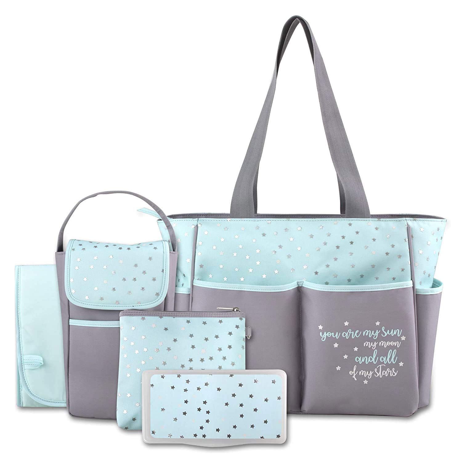Baby Essentials Diaper Bag Tote 5 Piece Set with Sun, Moon, and Stars, Wipes Pocket, Dirty Diaper Pouch, Changing Pad (Grey/Pink)