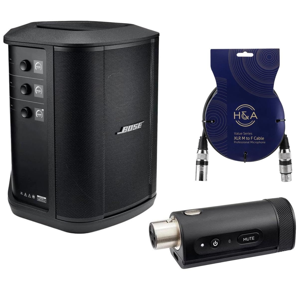 Bose S1 Pro+ Portable Wireless PA System with Bluetooth, Black with XLR Wireless Mic/Line Transmitter + H&A 6' XLR Cable