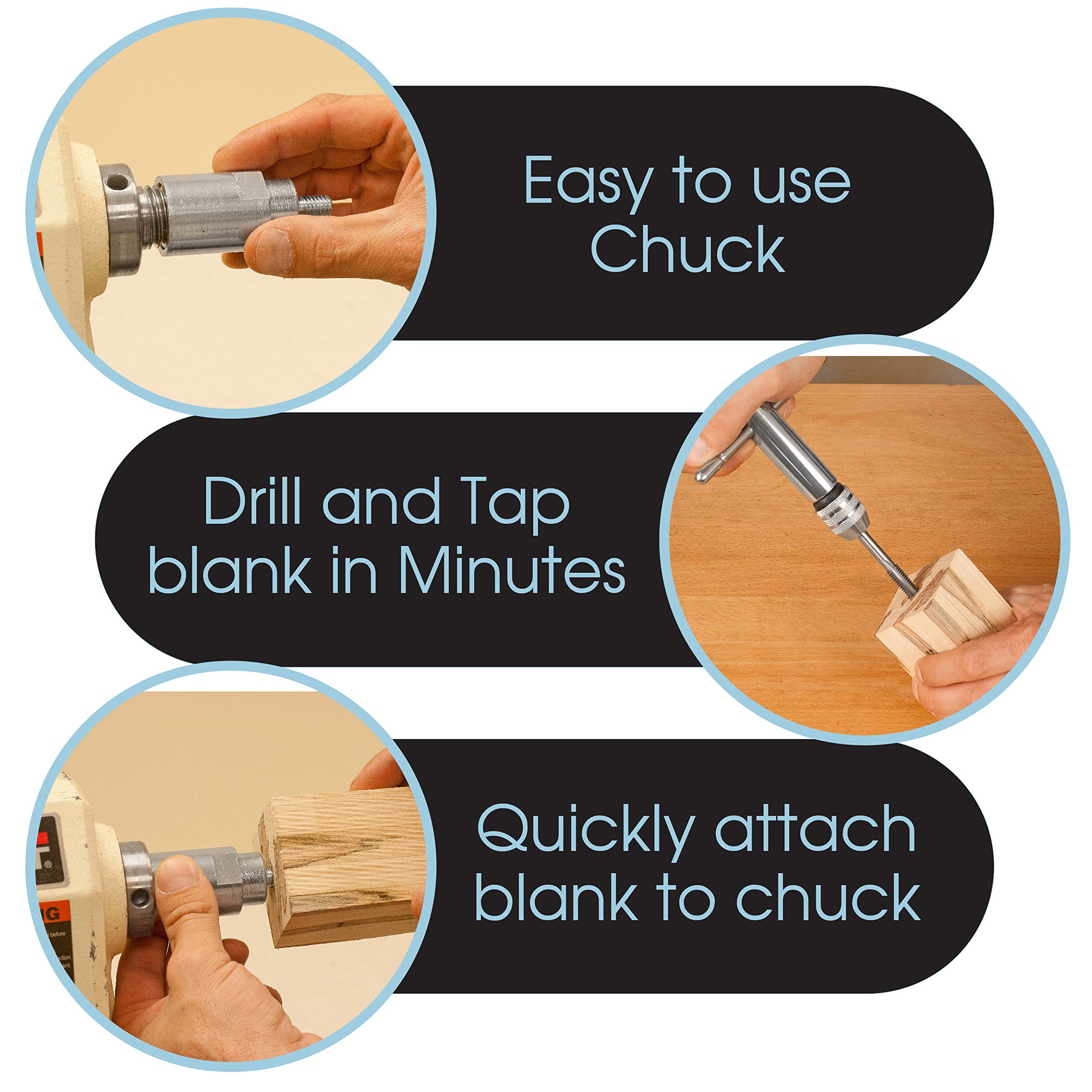 Deluxe Bottle Stopper Turning Kit with 2 Silicone Stoppers 3 Classic Chrome Stoppers 19/64 inch Drill Bit 1 inch 8 tpi Chuck and Ratcheting Handle with 3/8 inch Tap