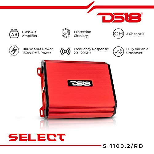 DS18 S-1100.2/RD Car Audio Amplifier β Full-Range, Class Ab, 2 Channel Amplifier, 1100 Watts (Red)