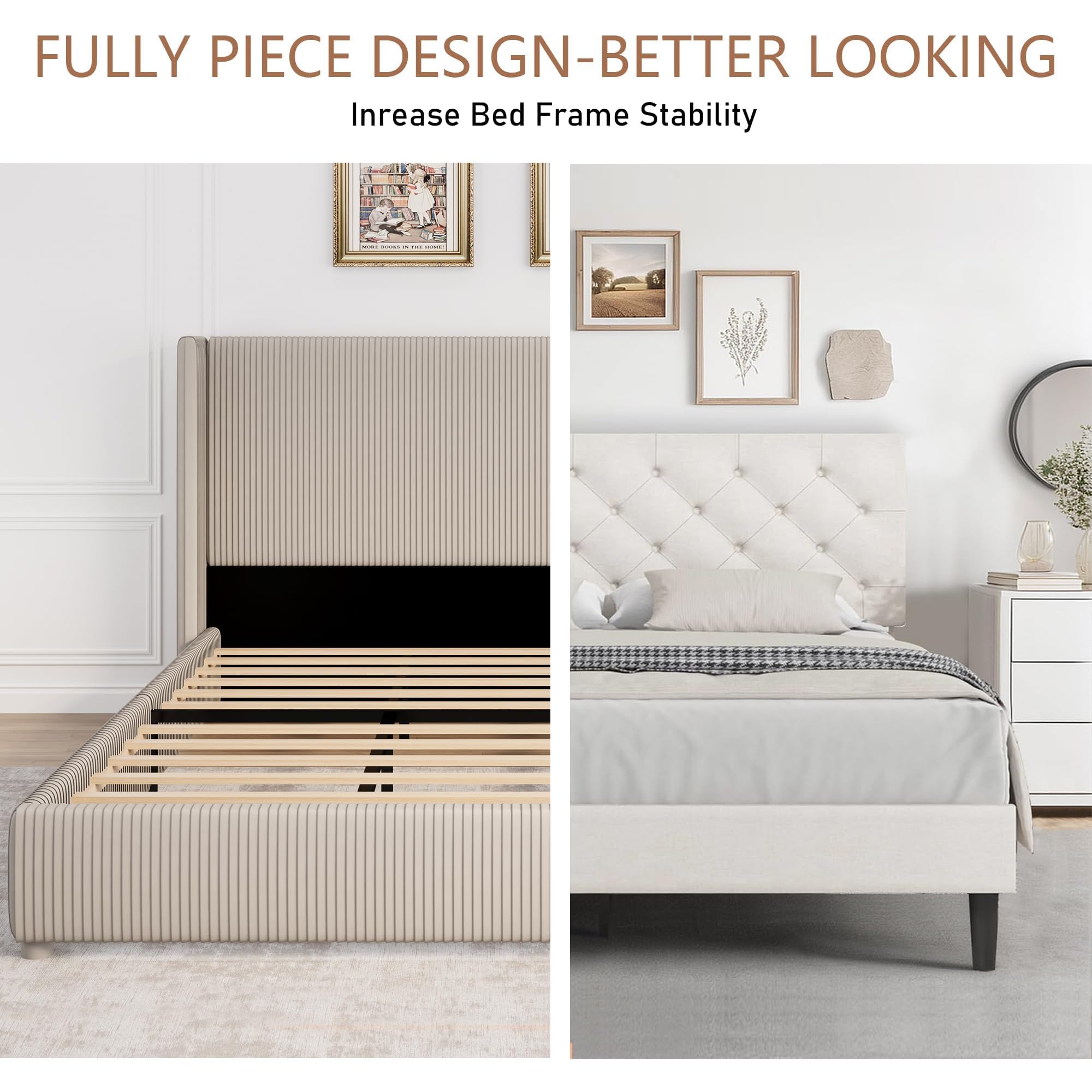 CHABUILDREARK King Size Bed Frame, Upholstered Bed Frame with Vertical Channel Tufted Headboard, Low Profile Bed Design, No Box Spring Needed, Easy Assembly, Taupe
