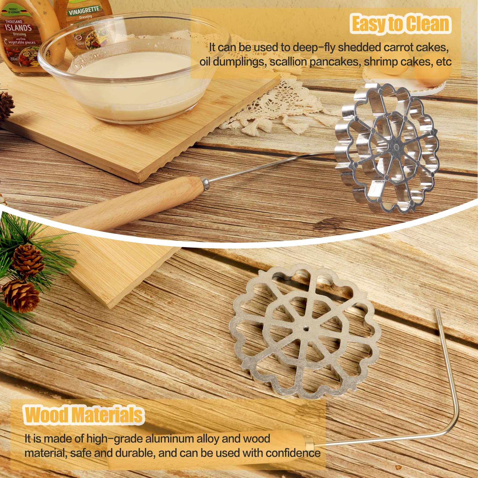 Bunuelos Mold Rosette Iron Molds Set with Wooden Handle, Lotus Flower Bunuelos Cookie Maker Mold, Funnel Cake Maker Cooking Stamp Maker Kit,4.7 Inches