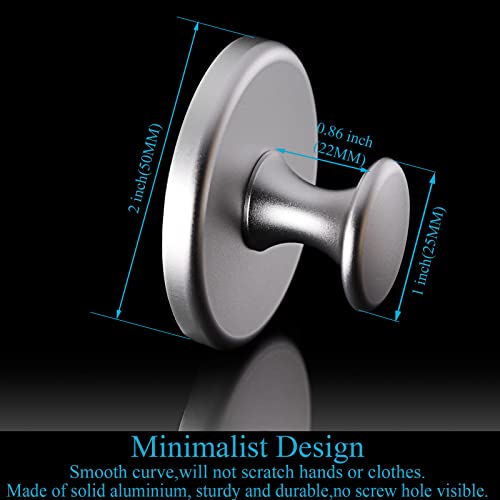 HIKIYEAT Solid Aluminum Towel Hook,Wall Hooks,Adhesive and Screw Installation,2 Pack,Heavy Duty,Hanging Robe,Loofah Holder,Minimalist Design,Door Hanger,for Glass Shower Bathroom,Coat(Matte Silver)