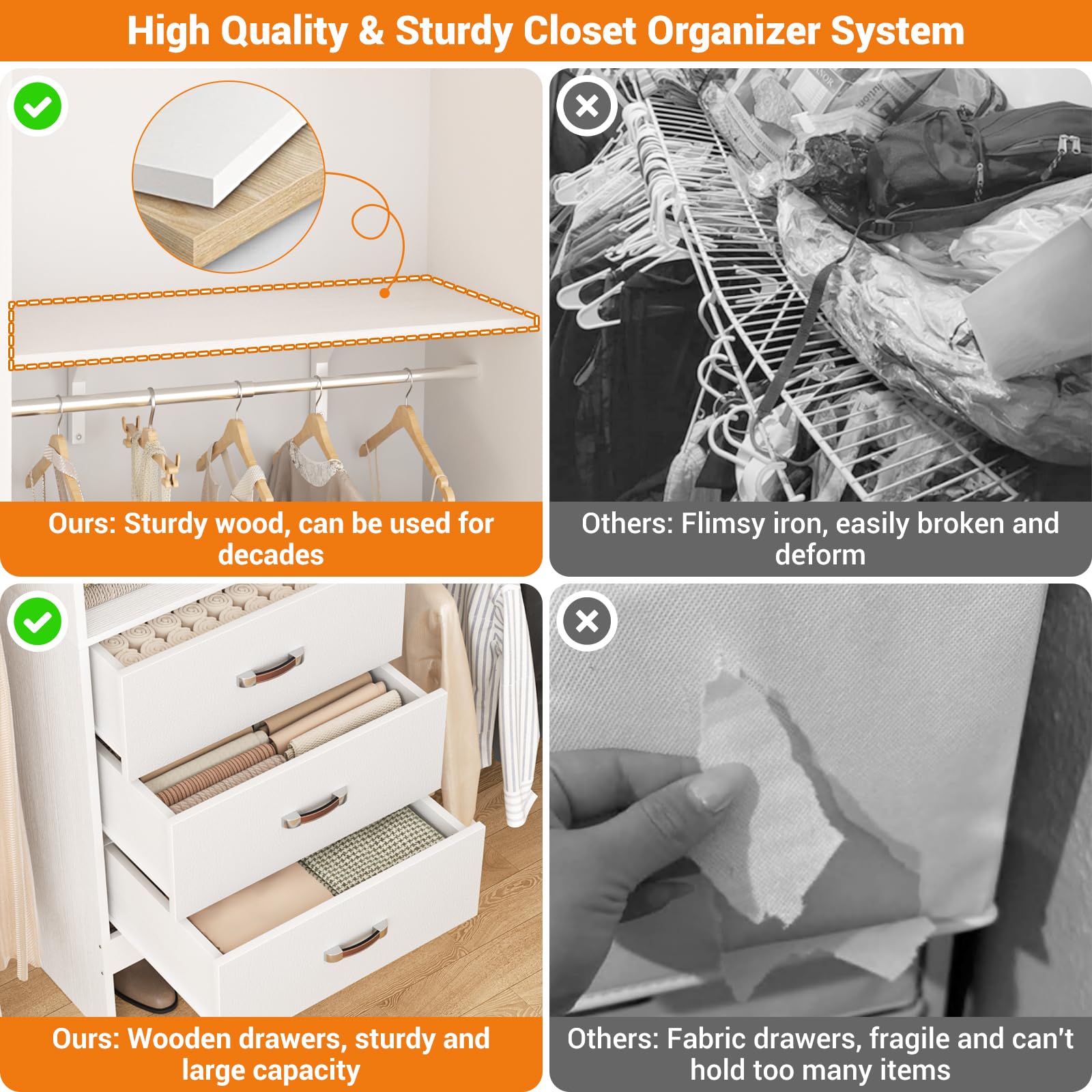 Cyclysio Closet System, 8FT Closet Organizer System with 3 Wooden Drawers, 96'' Walk-in Closet with 3 Hanging Rods & 3 Shelf Tower, Adjustable Wall Mount Closet Organizer, Build-in Garment Rack,White