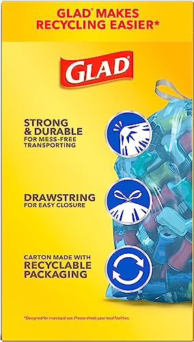 Glad Recycling Tall Drawstring Kitchen Trash Bags, Blue, 13 Gallon, 45 Count, Pack May Vary