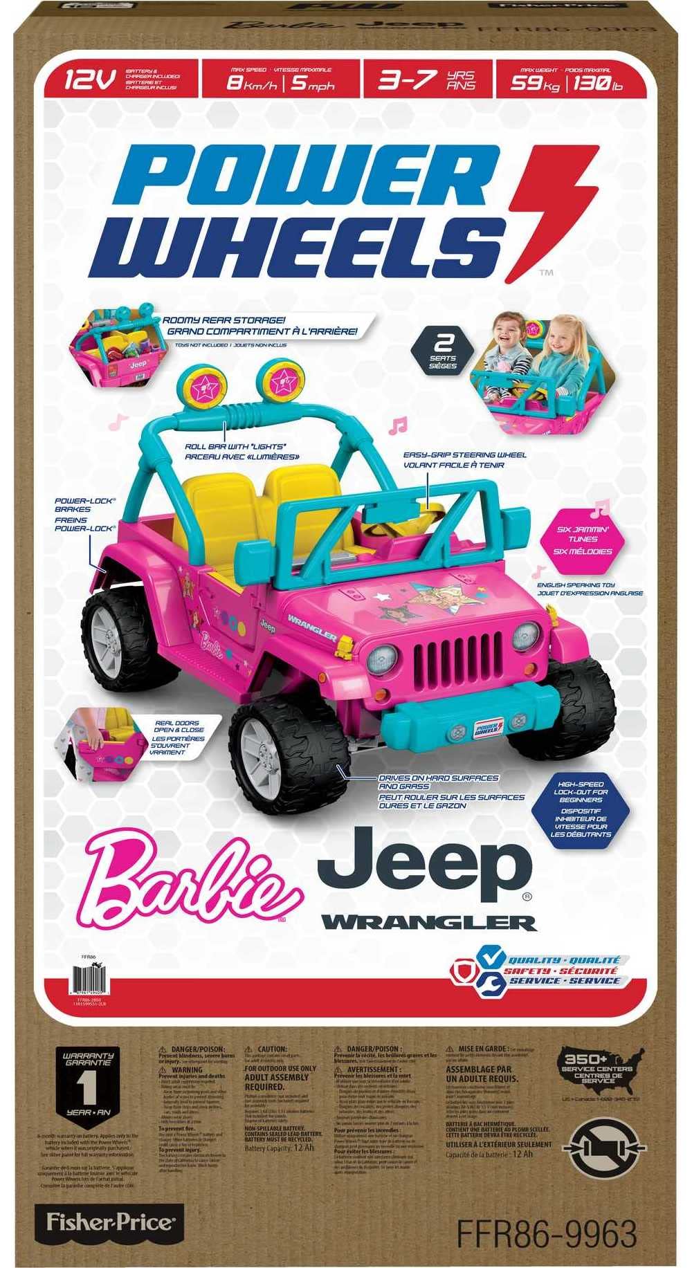 Fisher-Price Power Wheels Battery Powered Barbie Jeep Wrangler Car with Steering Wheel, Music Playing Radio, Roll Bar, and Power Lock Brakes