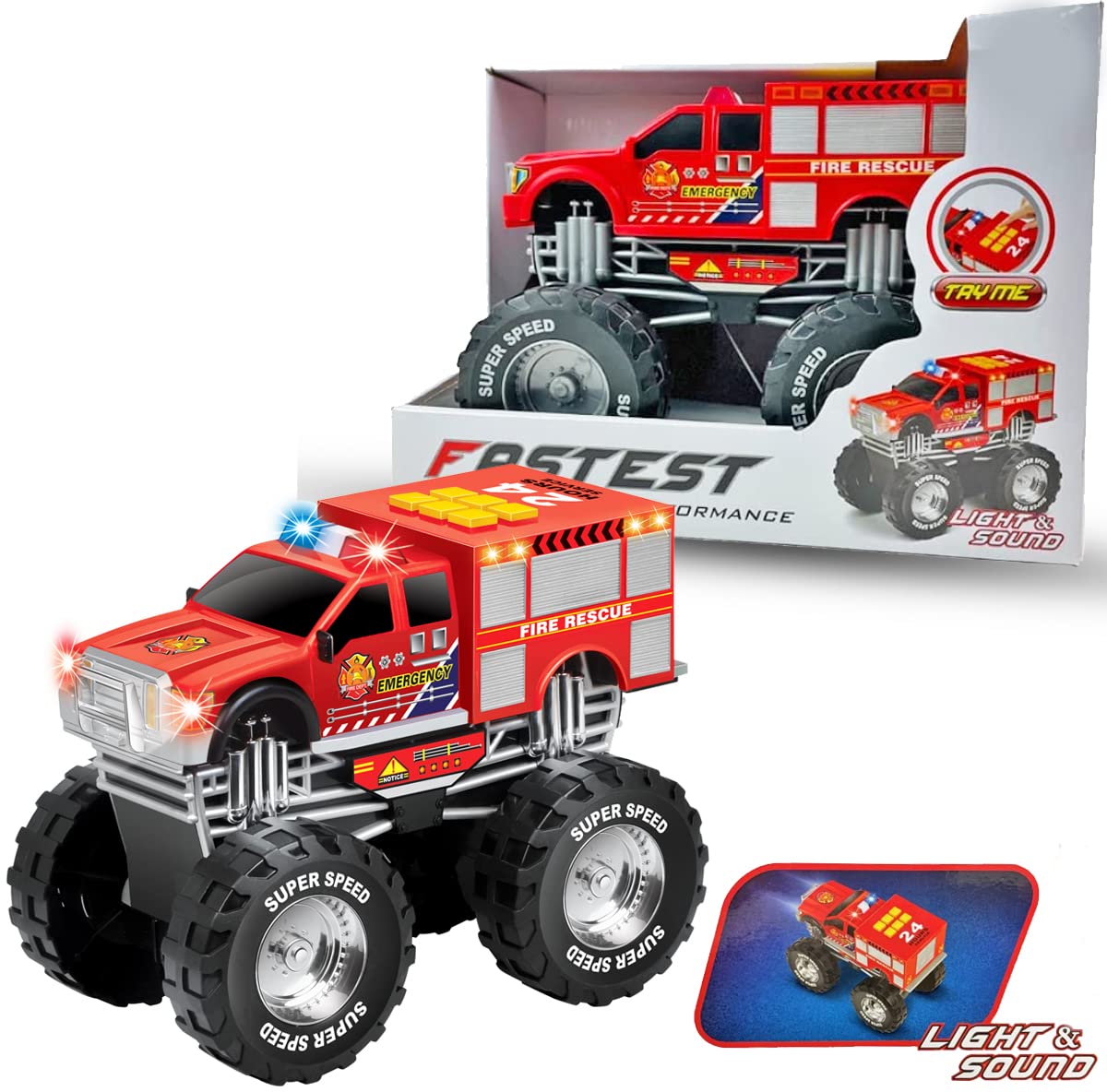 Liberty Imports Motorized Mighty Monster Truck Toy Kids, Electric Motor Vehicle with Big Wheels, Button Action, Sounds and Flashing Lights (Fire Engine)