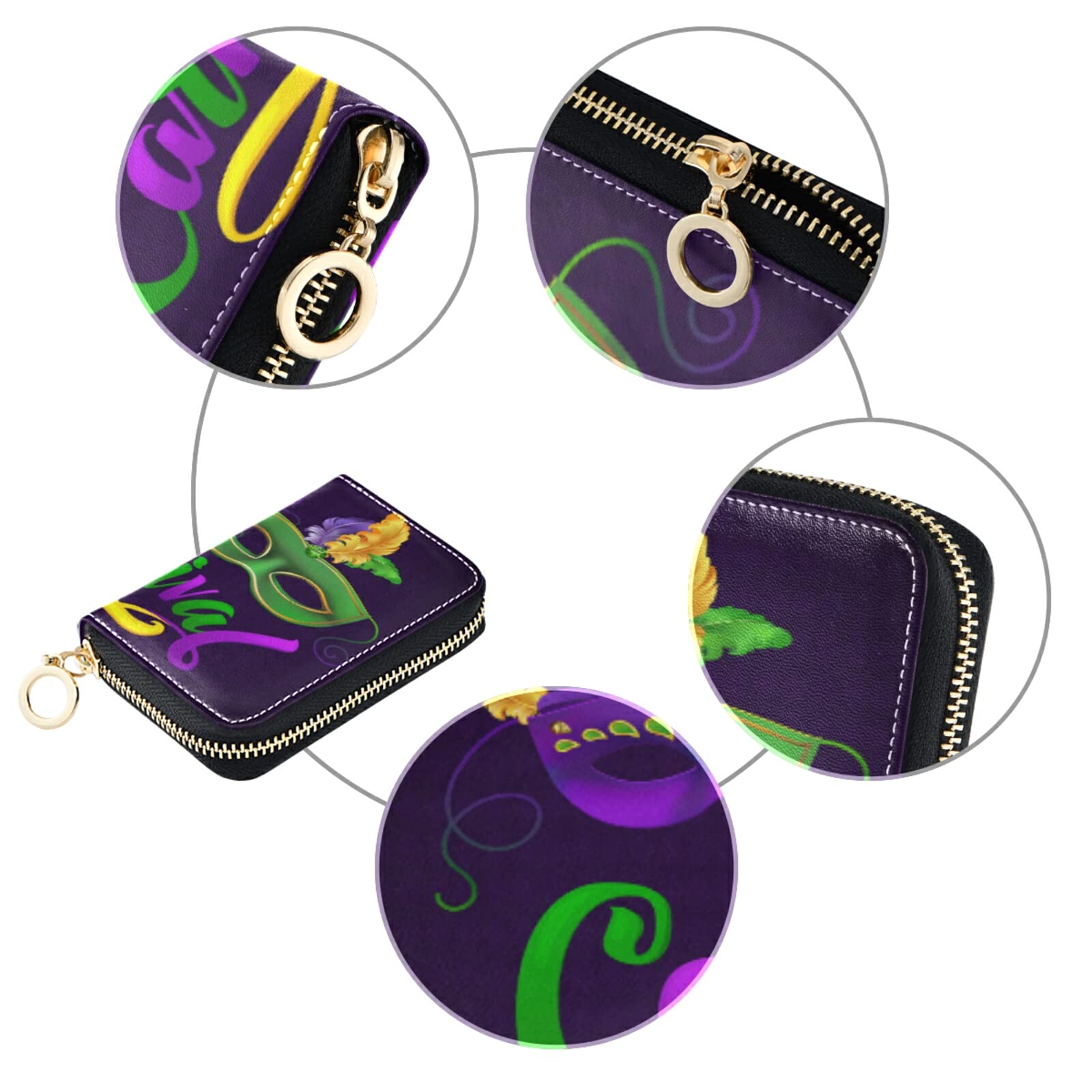 Mardi Gras Carnival Calligraphy Face Mask Purple Green on BlackGrey Credit Card Coin wallet, RFID Blocking Compact Women Leather Card Holder, Key Change Organizer, Zipper Purse Clutch Pouch