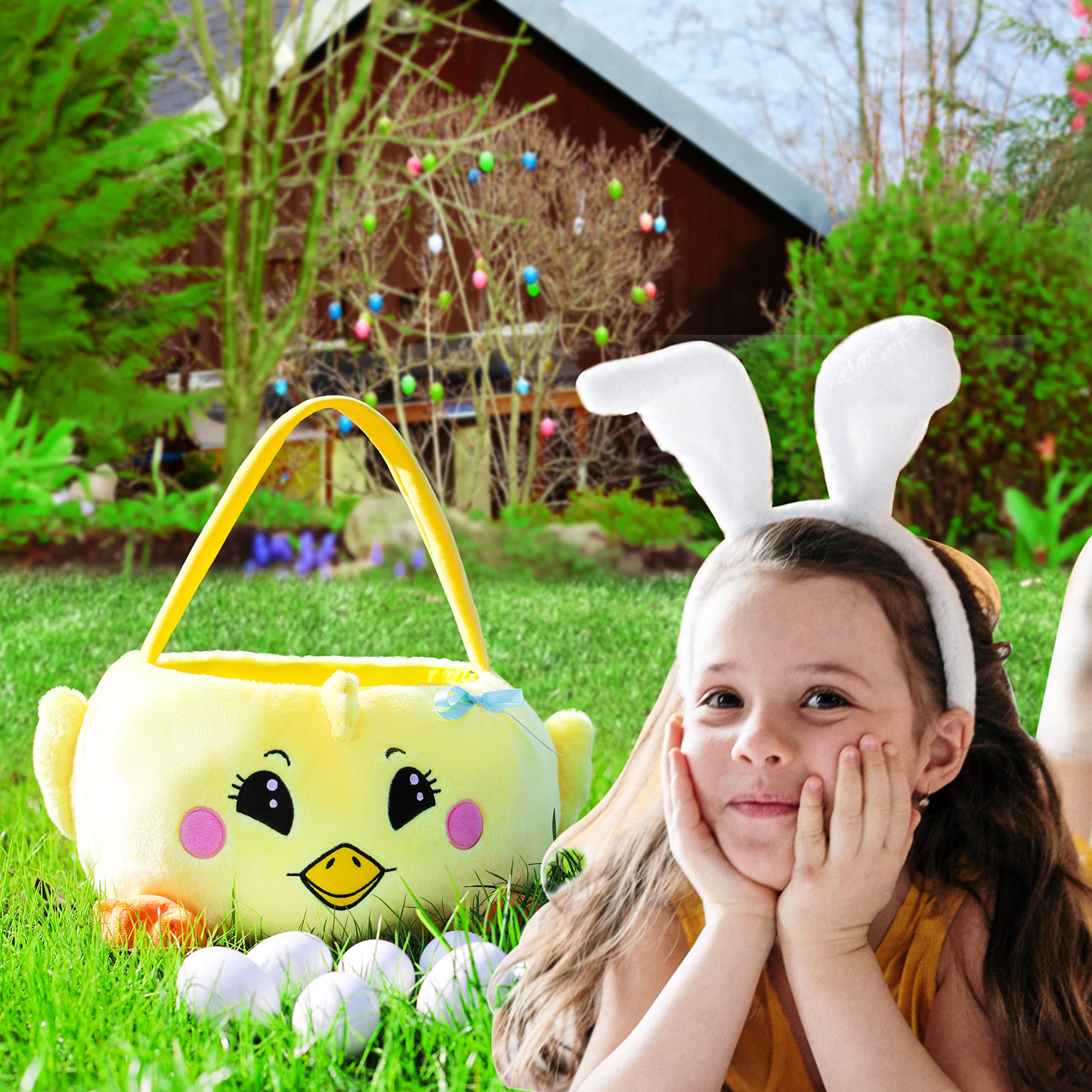JOYIN Large Easter Plush Chicken Basket, 3D Chicken Basket with Handles for Baby Girls Boys Easter Egg Hunting, Party Supplies, Decorations, Gifts Kids
