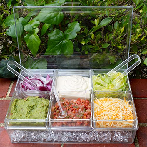 ImpiriLux Ice Chilled Six Compartment Condiment Server Caddy - Serving Tray Container with 6 Removable Dishes Each with 3.5 Cup Capacity | Domed Hinged Lid | 4 Serving Spoons + 4 Tongs Included