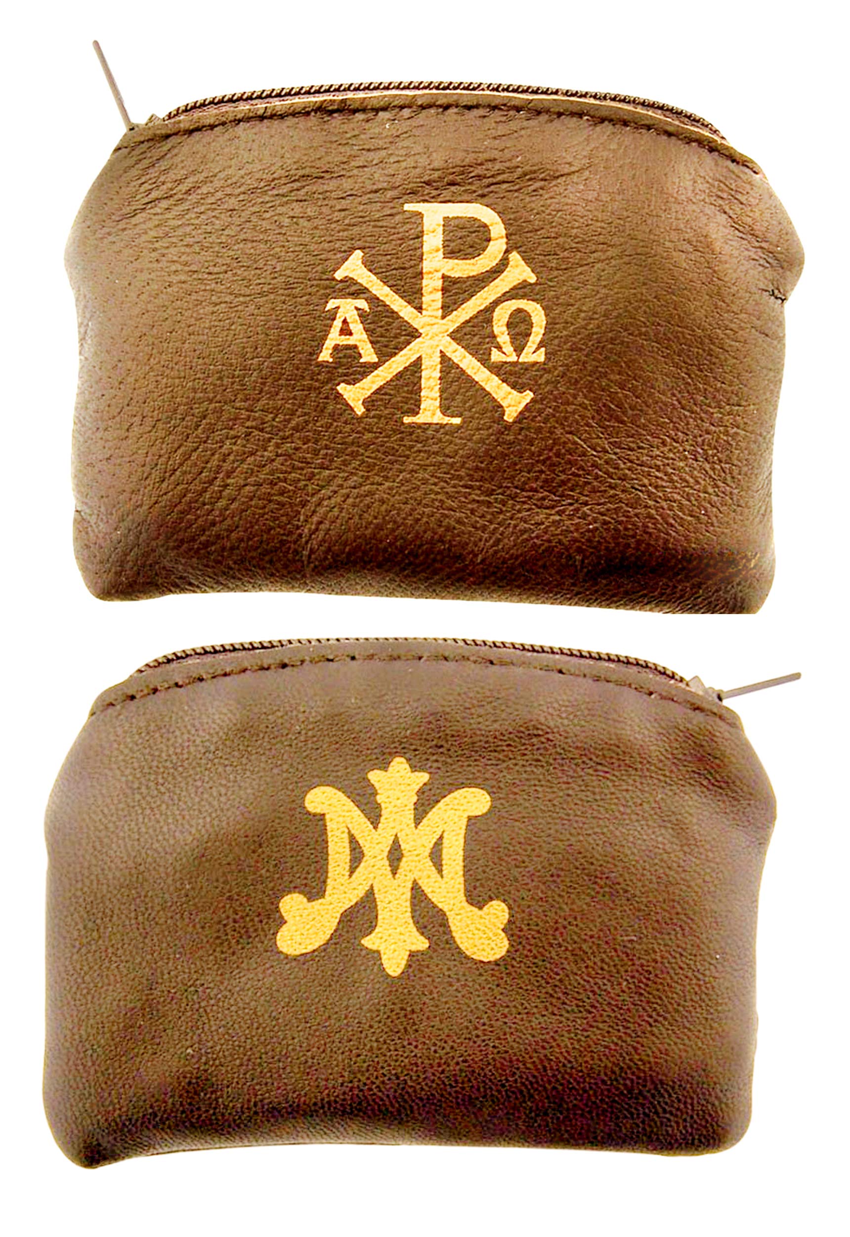 WJ Hirten Ava Maria and Chi Rho Cross Sheepskin Leather Rosary Case with Velvet Lining, Brown, 3 1/4 Inch
