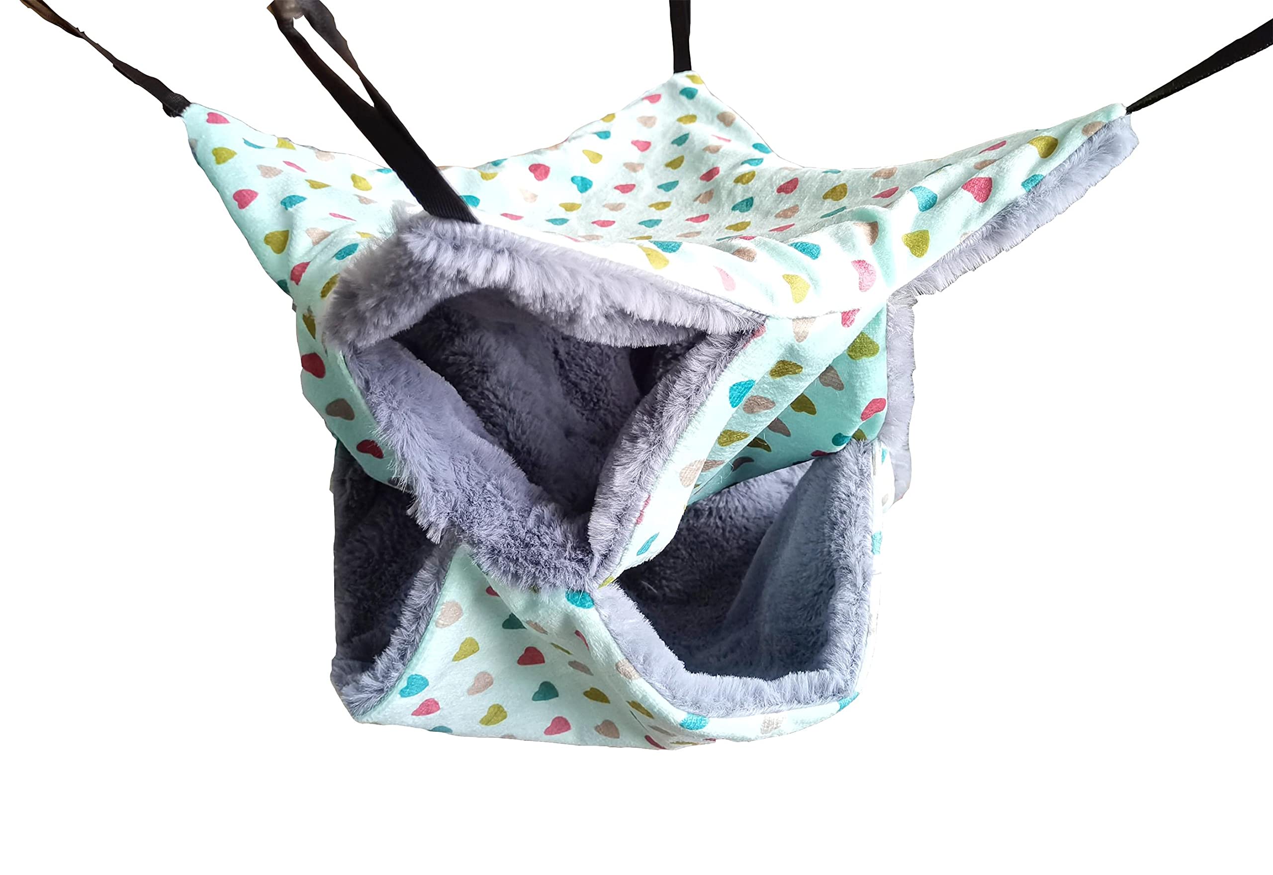 WOWOWMEOW Small Animals Plush Hammock Rat Ferret Triple Bunkbed Hammocks Cage Hanging Warm Hideout for Sugar Glider Squirrel (Medium, Hearts-Mint)