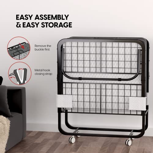 EconoHome Folding Bed with Mattress - 75x38 Twin Size Bed Frame - Portable Foldable Roll Away Adult Bed for Guest - 5-inch Thick, Memory Foam, Twin - Space Saving Fold Up Bed for Easy Storage
