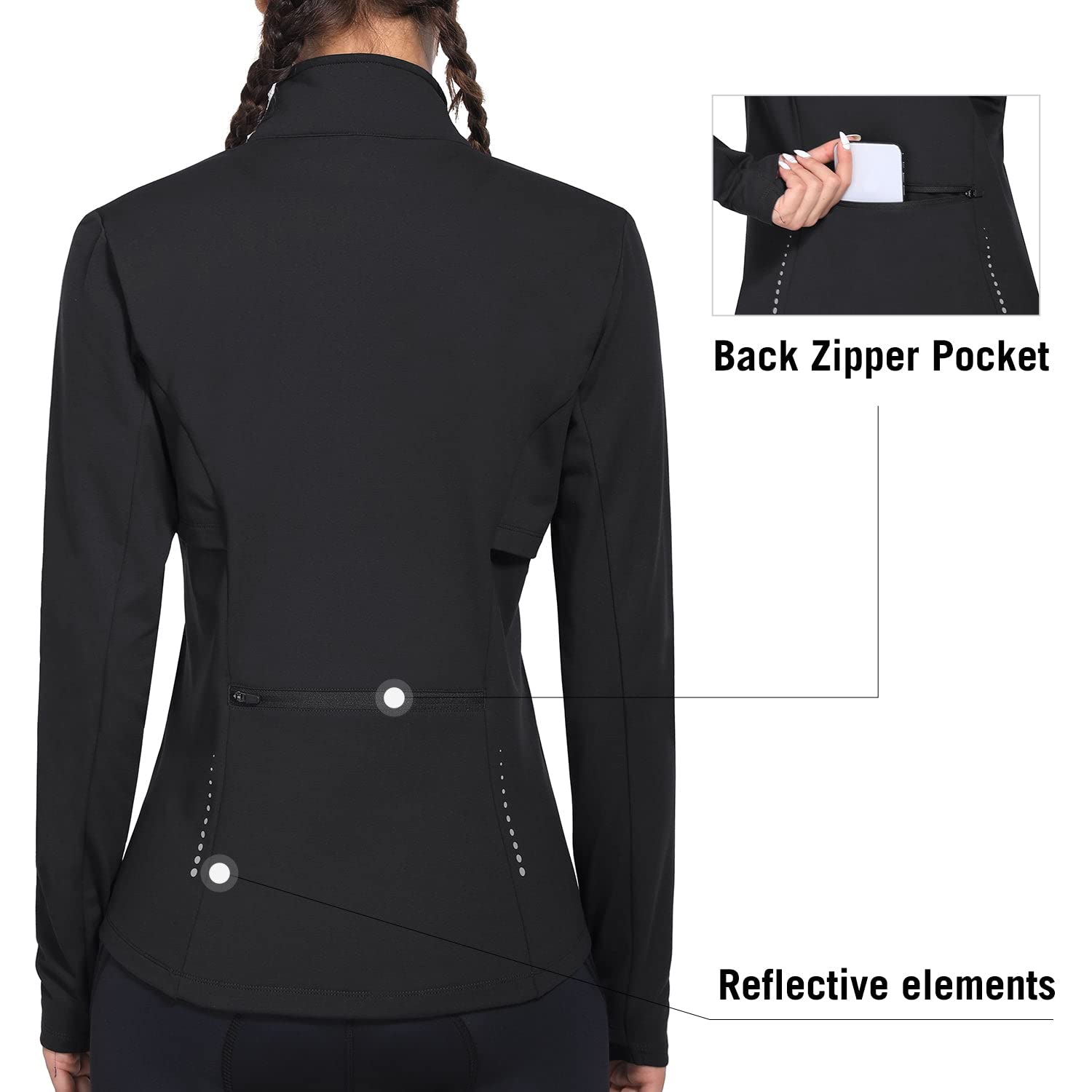 BALEAF Women's Fleece Running Jacket Water Resistant Full Zip Winter Cold Weather Gear Thermal Cycling Workout Jackets Black XL