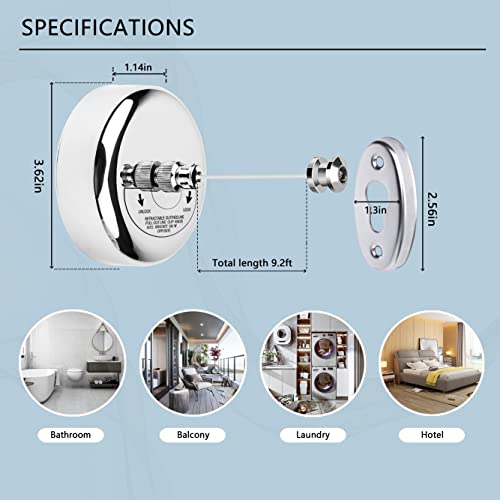 Fivean Retractable Clothesline, 304 Stainless Steel Clothes Line Dryer with Heavy Duty Adjustable Stainless Steel Rope String for Hanging Drying Bathroom, Laundry, Hotel, Indoor & Outdoor