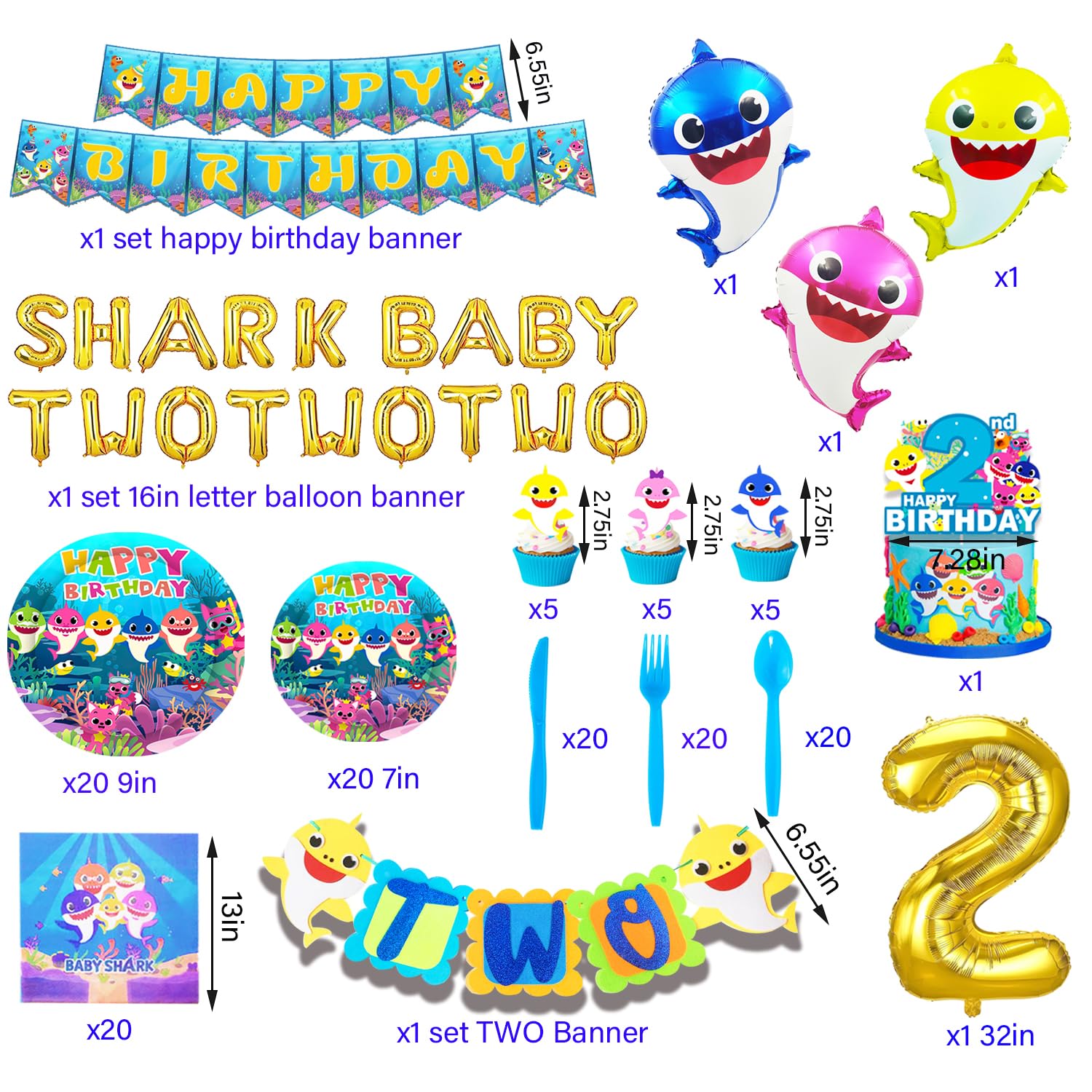 Blue Shark 2nd Birthday Party Supplies Decorations Include Backdrop, Banner, Balloons Arch, Tablecloth, Hat, Topper Cake, Shark Theme Shark Party Supplies