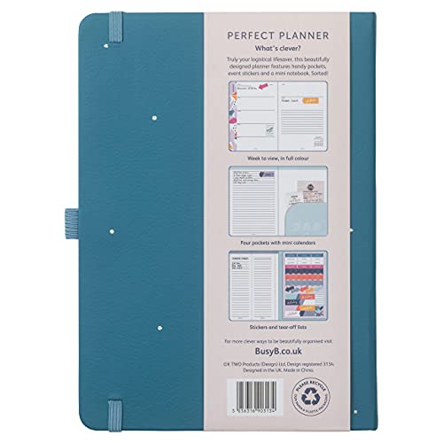 Busy B Perfect Planner A5 Week to View Diary January to December 2022 - Teal Faux Leather Week to View Planner with Stickers & Tear-Out