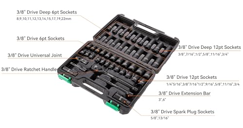 Denali 46-Piece 3/8-Inch Drive 6 & 12 Point Shallow/Deep Socket Set and 72 Teeth Reversible Ratchet, SAE/Metric Size With Carrying Case, 13.1 in x 9.7 in x 3 in