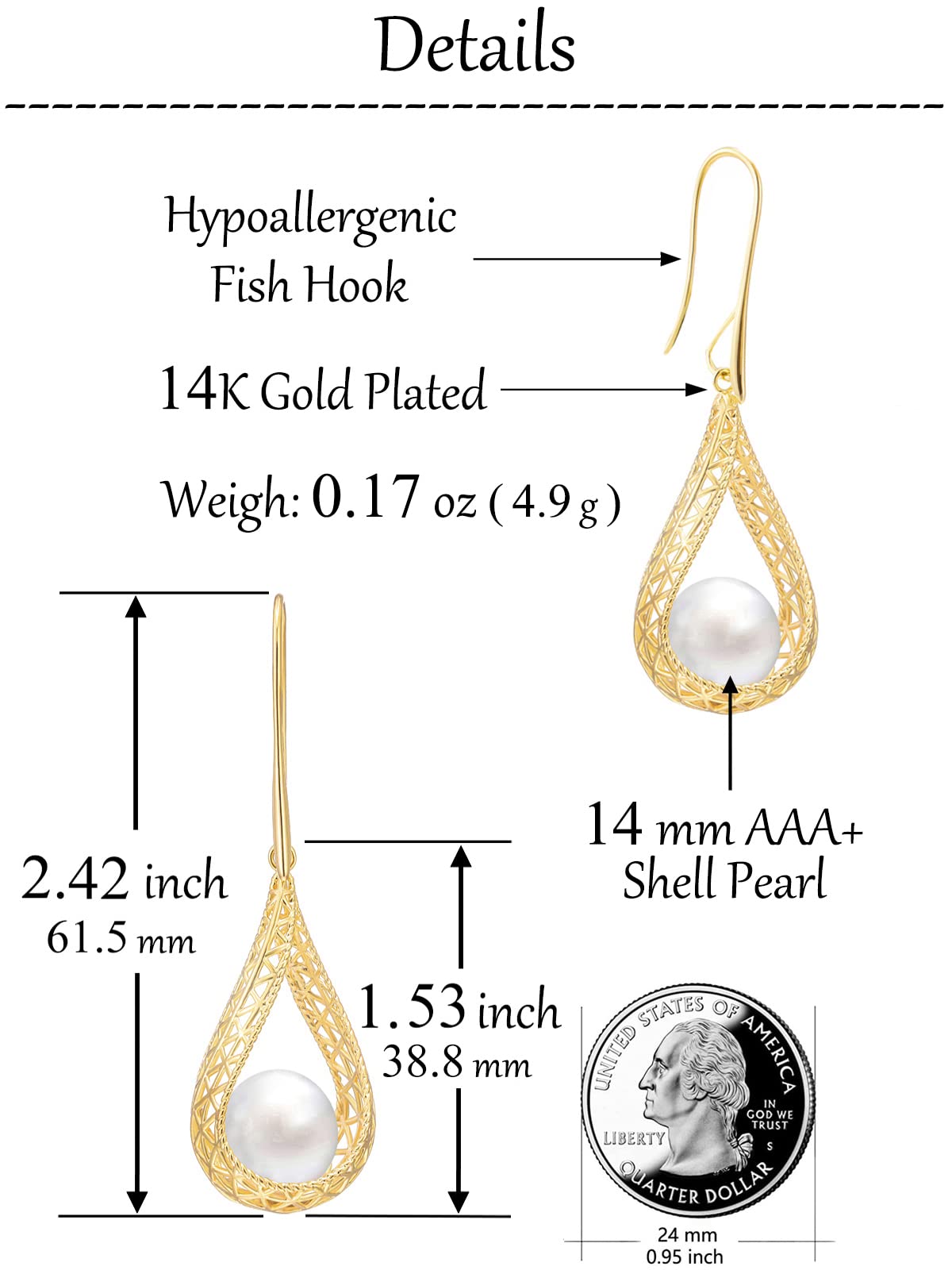 Big White Pearl Dangle Pierced Earrings for Women (White-14K Gold)