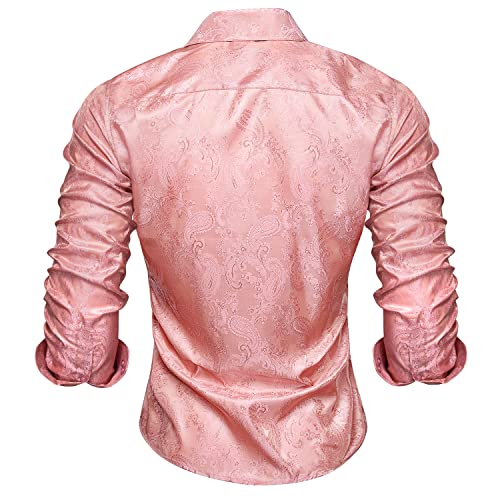 Hi-Tie Long Sleeve Rose Gold Paisley Men's Dress Shirts Blush Pink Silk Designer Regular Fit Casual Button Down Shirt Prom