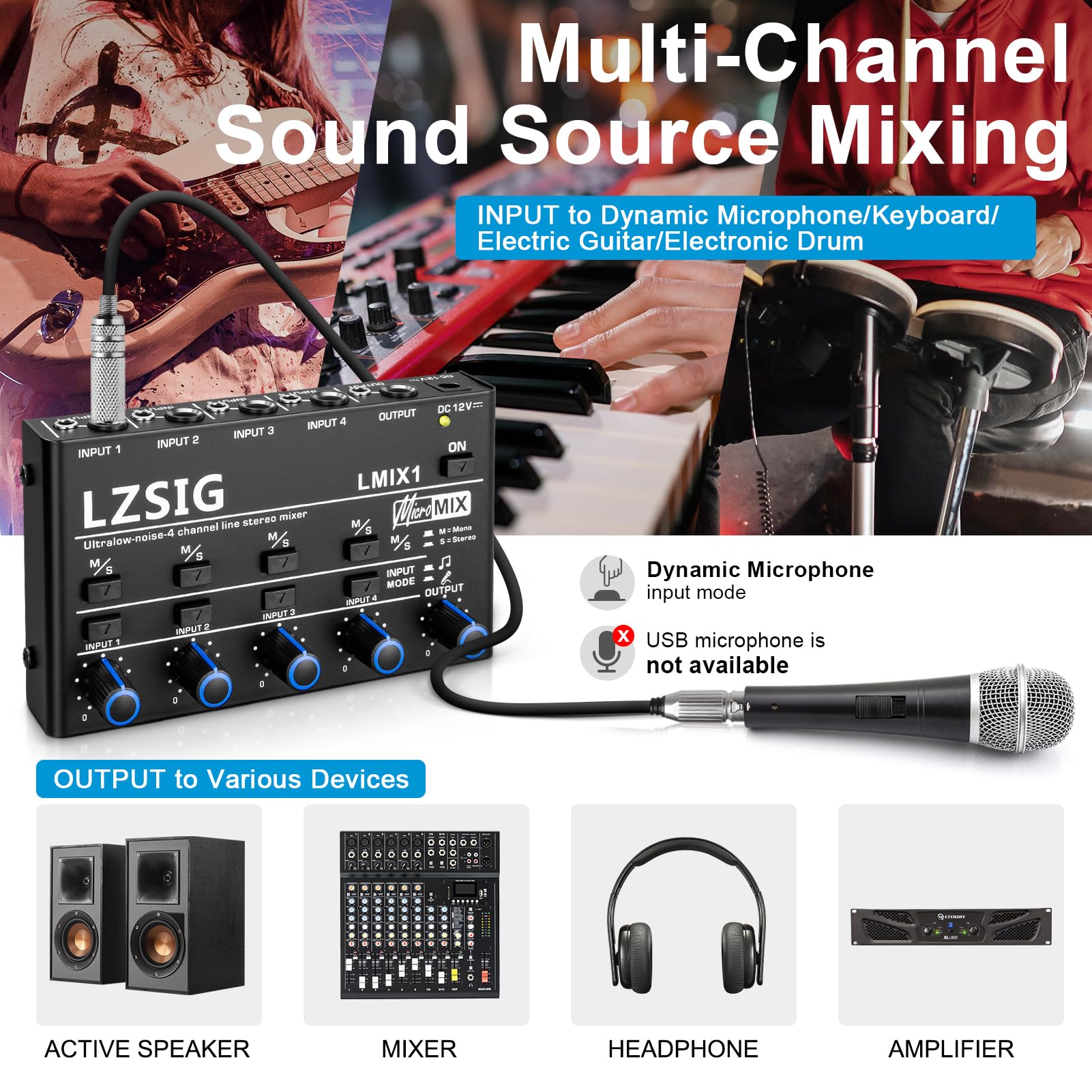 LZSIG Mini Audio Mixer,Stereo Line Mixer for Sub-Mixing,Ultra Low-Noise,4-Channel,Dynamic Microphone Independent Control, 1/4" & 1/8" TRS Output and Input,for Guitars,Bass,Keyboards (Small(4-Channel))