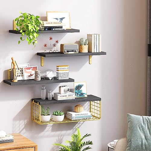 Fixwal 4+1 Tier Floating Shelves Rustic Wood Wall Mounted Shelf, Bathroom Shelves Over Toilet with Wire Storage Basket, Farmhouse Wall Decor for Bedroom, Kitchen, Living Room and Plants (Black Gold)