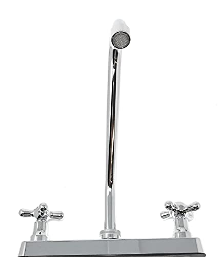 Chromed Surface 8" Two Handle Tall Stainless Steel Spout Kitchen Faucet 8 inch Center Hole [3015P] ADA No Lead, Plastic (POM) Body HI Rise Spout