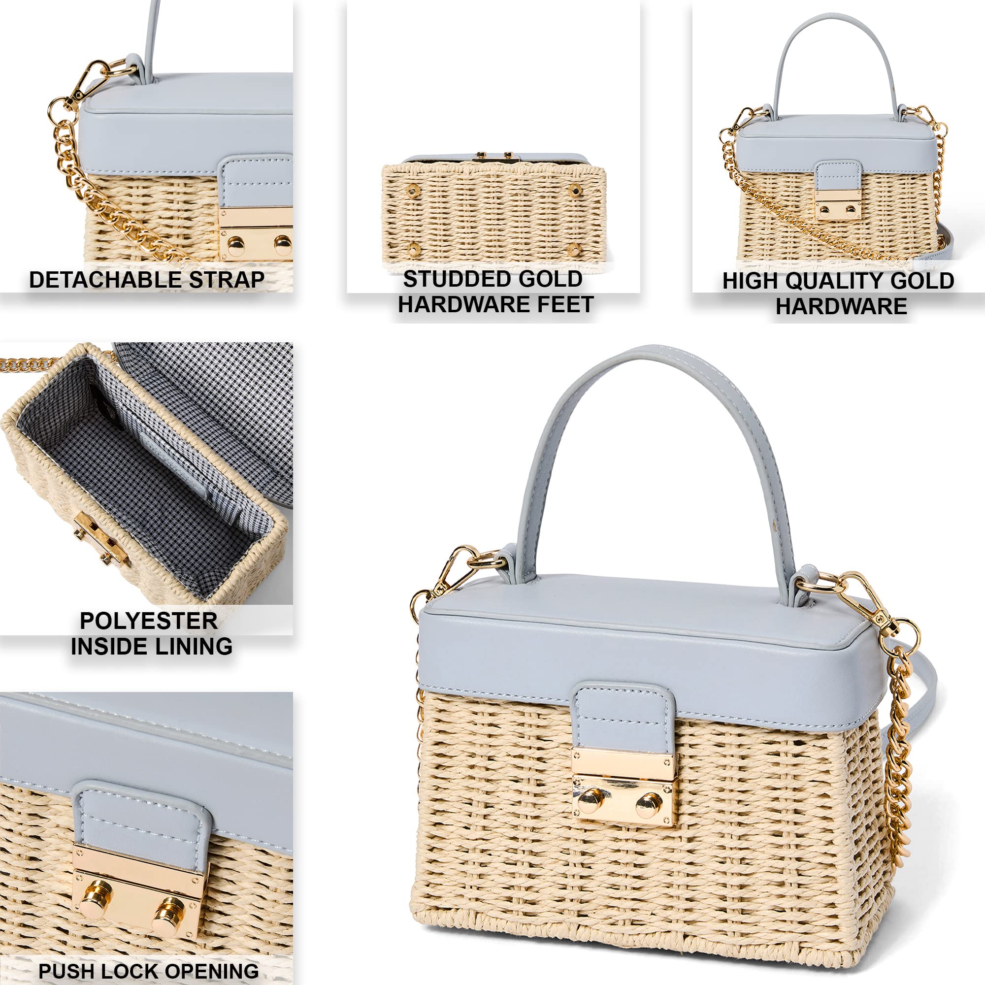 Like Dreams Small Summer Bag for Women Woven Straw Crossbody Vegan Leather Top Handle Plaid Inner Purse (Soft Blue)