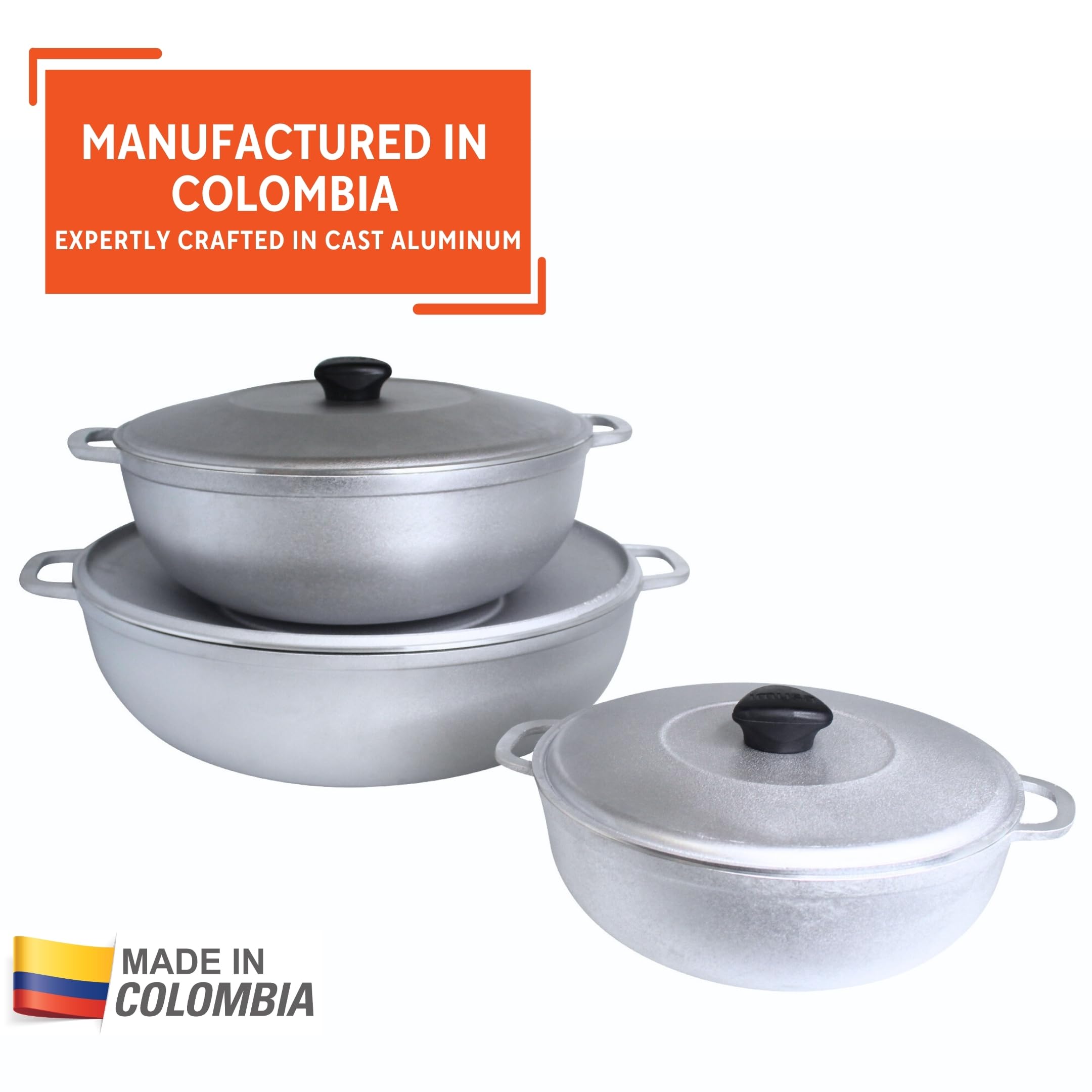 IMUSA USA Traditional Colombian Natural Caldero Matching Aluminum Lid 3-Piece (3.5/7.0/11.0 Quart) Dutch Oven Set, Silver (GAU-89224DS), Large
