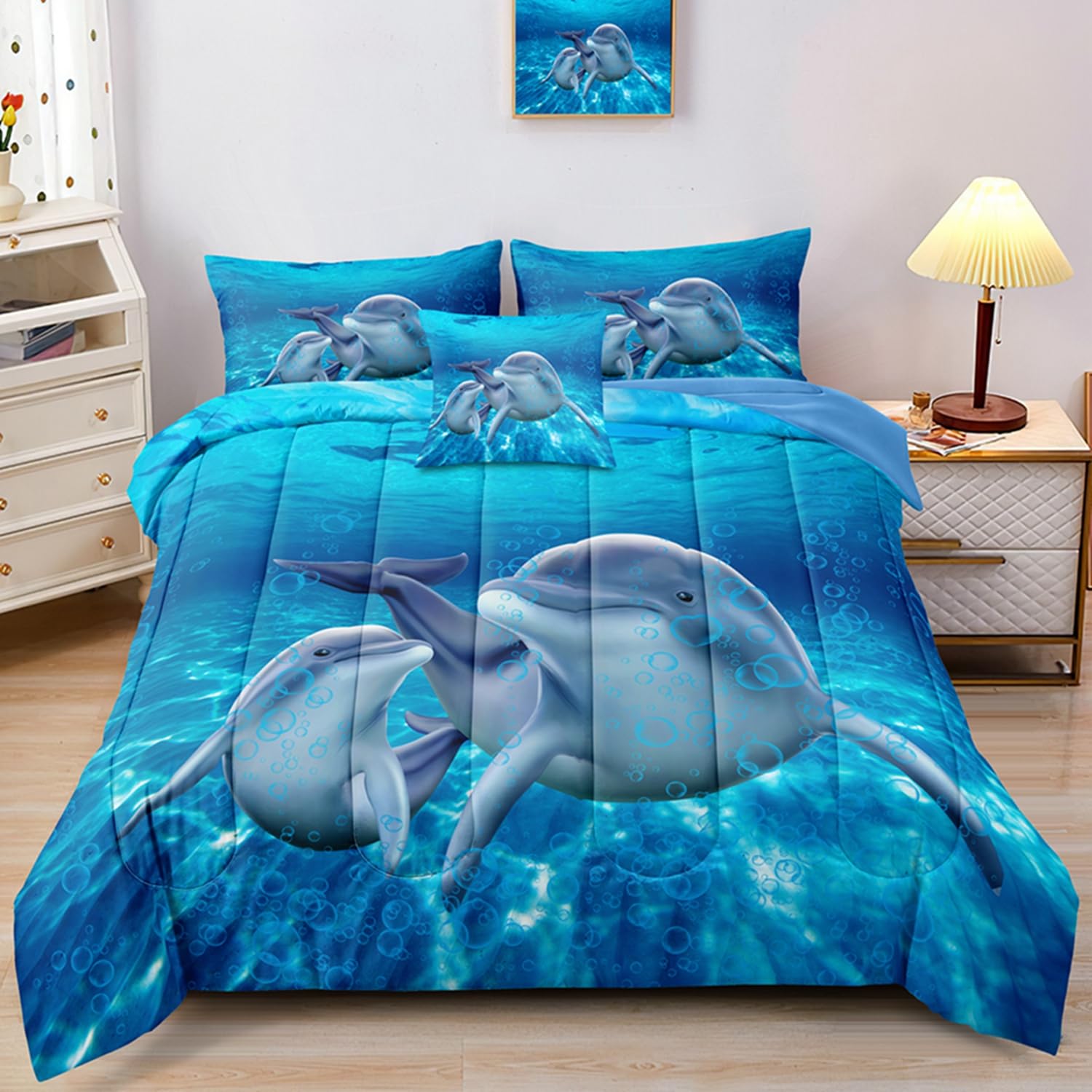 Dolphin Comforter Set Full Size Bed in a Bag Cute Dolphin Jumping Blue Ocean Themed Bedding Set for Boys Girls Room Decor with Comforter,Pillow Shams,Flat Sheet,Fitted Sheet,Cushion Cover(Full6Pcs)