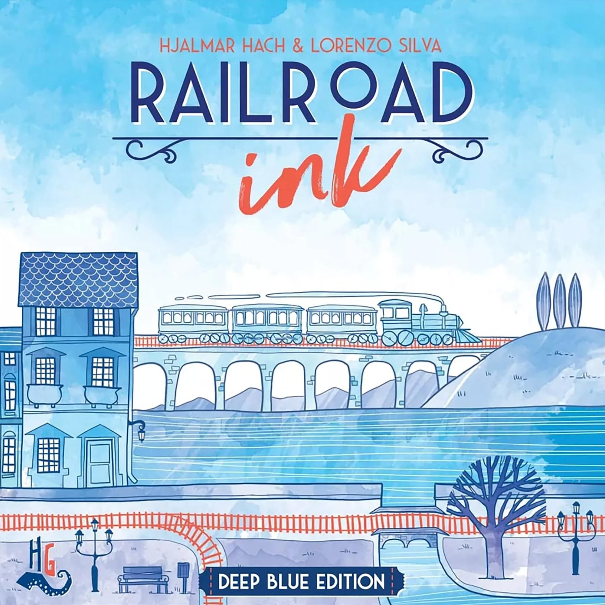 Horrible Guild Railroad Ink: Deep Blue Edition - Roll Dice and Draw Railways and Routes, 7 Rounds to Expand Your Rail Map - Expansion Dice Included Ages 8 & Up (Packaging may vary)
