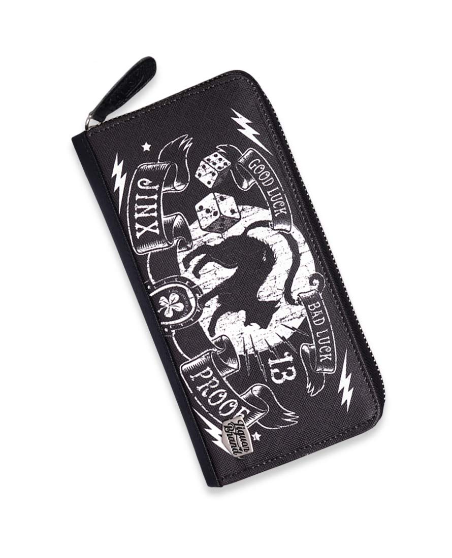 Liquorbrand Jinx Proof Women's Zip Around Clutch Wallet Black Cat Goth Gothic Rockabilly, Size: 8" x 4" x 1"