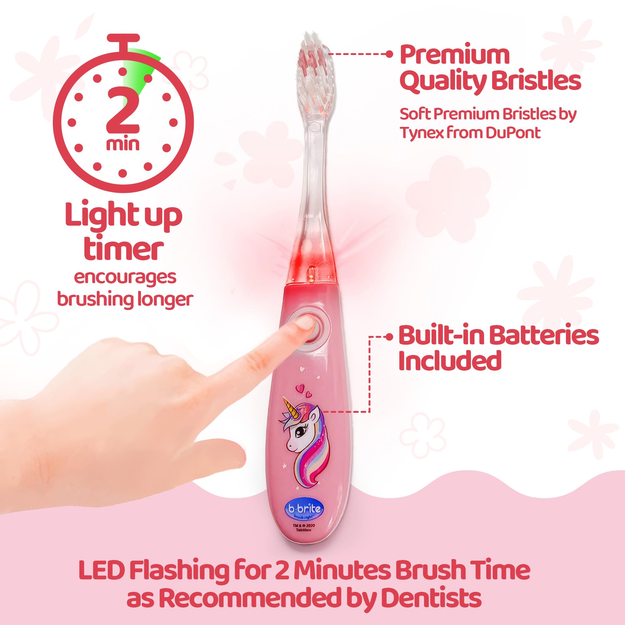 Lily's Home Kids Toothbrush with Flashing Timer with a Cup, Toothbrush Cover and Toothbrush Holder. Unicorn