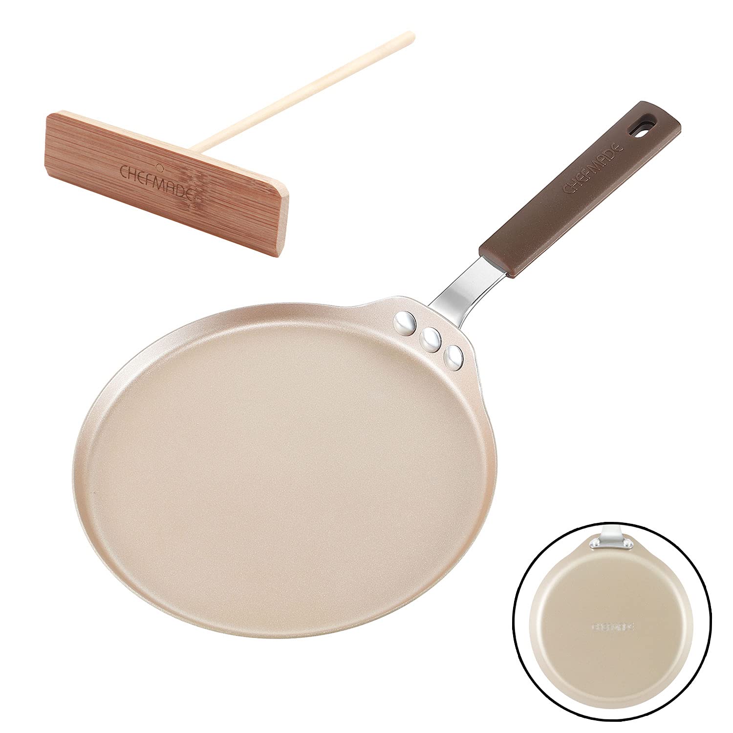 CHEFMADE Crepe Pan with Bamboo Spreader, 8-Inch Non-Stick Pancake Pan with Insulating Silicone Handle for Gas, Induction, Electric Cooker (Champagne Gold)