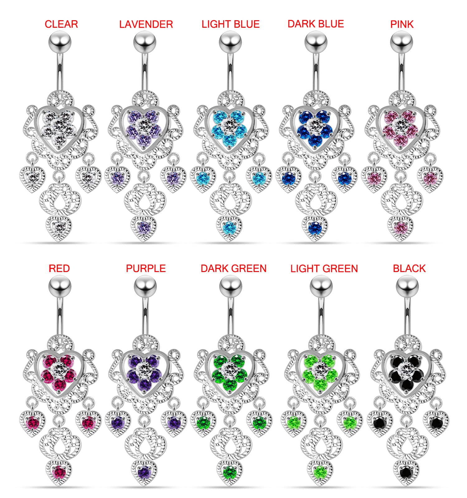AtoZ Piercing Black Crystal Stone Fancy Chandelier Heart with Flower Dangling 925 Sterling Silver with Stainless Steel Belly Button Rings