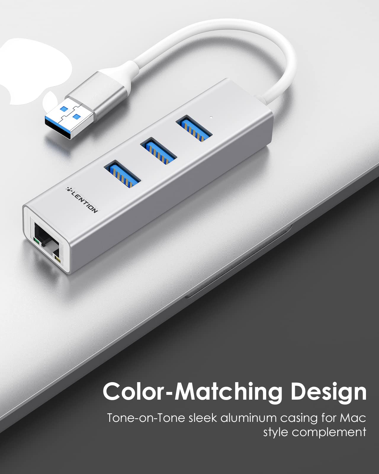 LENTION USB Hub to 3 USB 3.0 & Gigabit Ethernet LAN RJ45, Network Adapter Compatible MacBook Air/Pro (2009-2015), Surface, Chromebook, More Type A Devices, Stable Driver Certified(H23s, Silver)