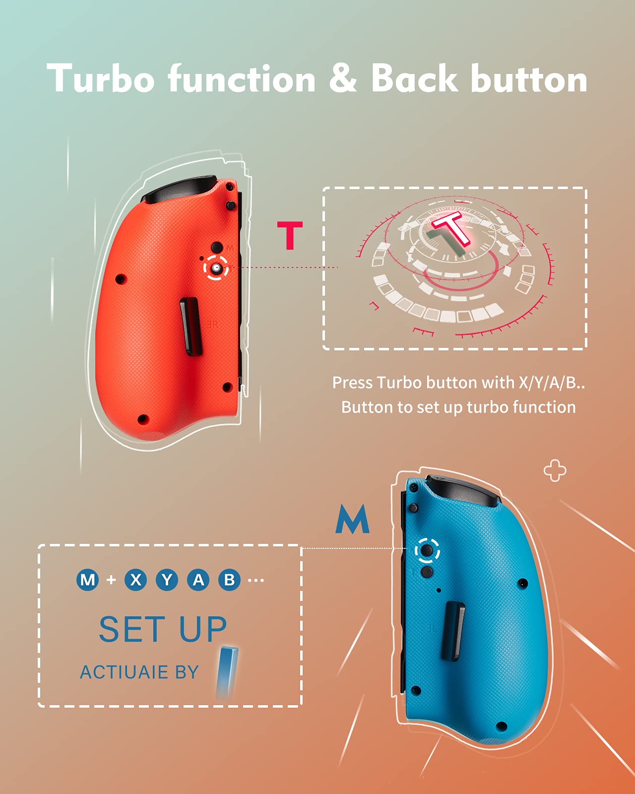 binbok Joypad for Switch, Wireless Controller 8 LED Colors, Remote Gamepad, Adjustable Turbo, Vibration, Ergonomic, Switch Console Accessories, Back Button (RED&BULE)