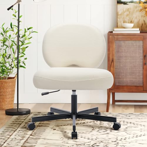 Criss Cross Chair with Wheels-Armless Cross Legged Desk Chair with Adjustable Height, Ergonomic Swivel Vanity Chair Mid Back Computer Home Office Task Chair for Small Space/Bedroom/Study-Beige