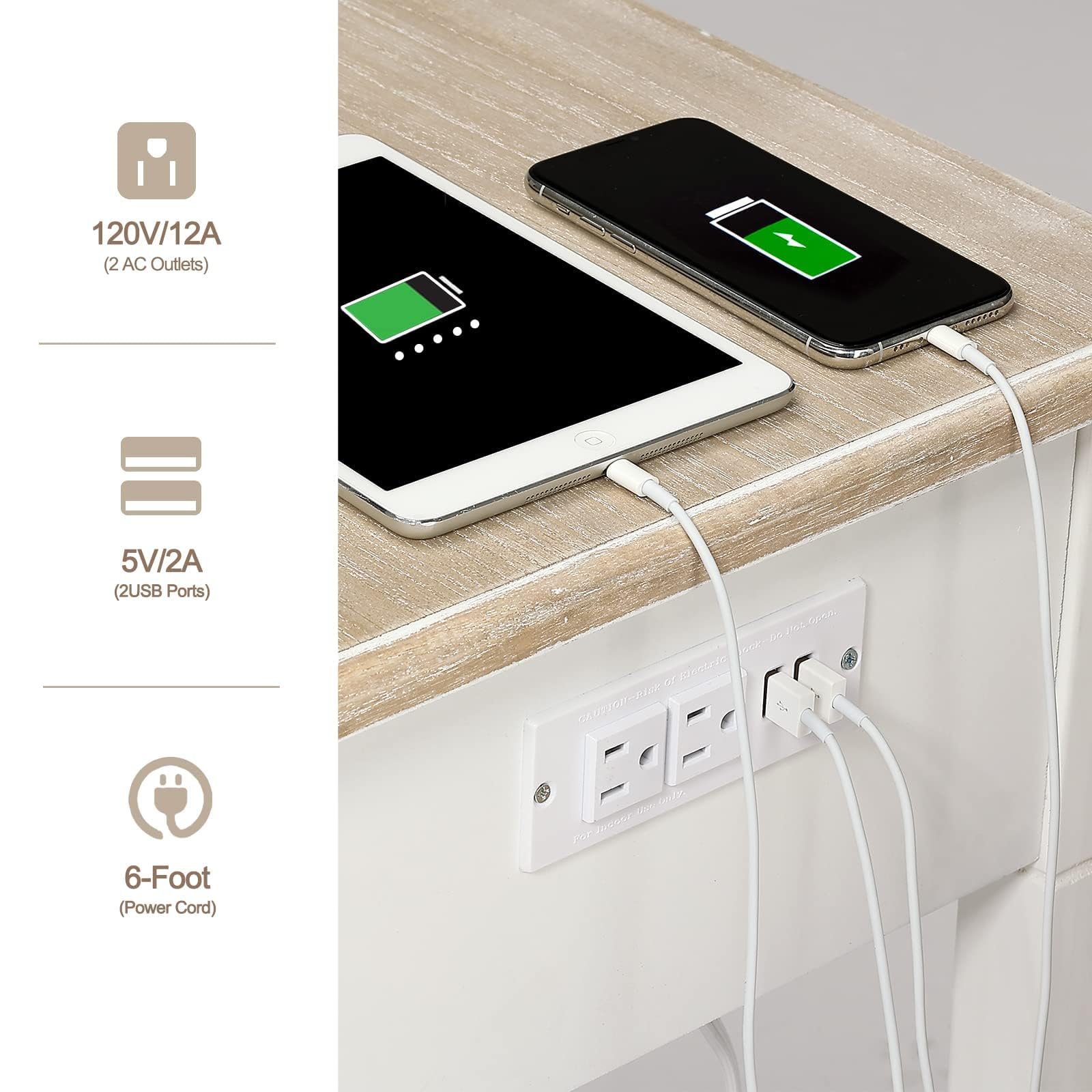 Wnutrees End Table with Charging Station,2 USB Ports and 2 Outlets,Nightstand Bedside Table with Drawer and Open Storage Shelf,for Living Room Bedroom,White,Set of 2