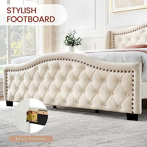 GAOMON King Size Upholstered Platform Bed Frame with Tall Headboard, Luxurious Velvet Button Tufted and Nailhead Trim Wingback, Arched Footboard, No Box Spring Needed, Beige