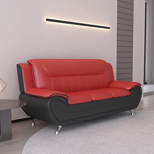 Container Furniture Direct Modern Style Faux Leather Sofa with Extra Comfortable Pillow Top Armrests Ideal for Living Room, Bedroom or Home Office Couch, 79.2ββ Wide, red/Black
