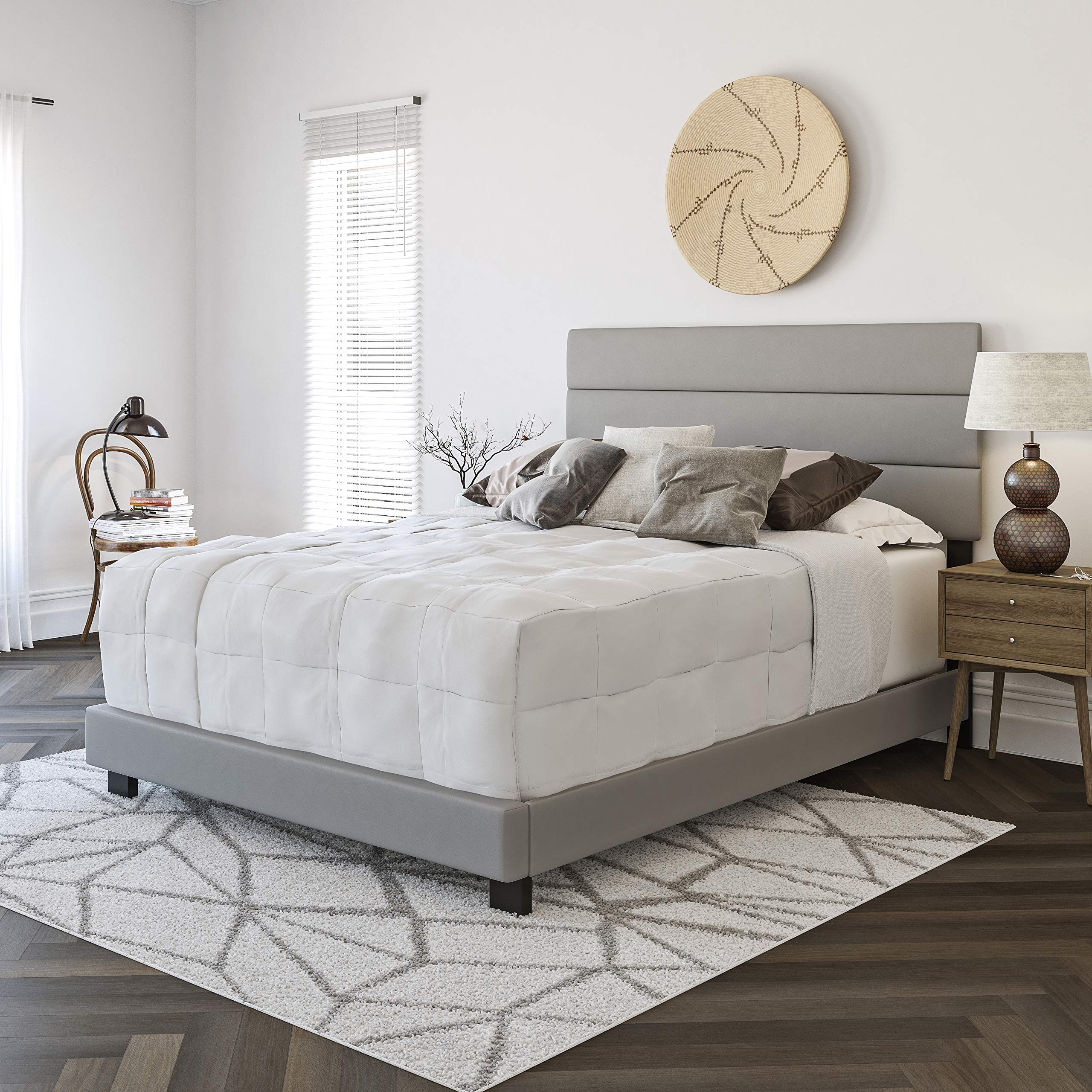 Boyd Sleep Montana Upholstered Platform Bed Frame Mattress Foundation with Tri-Panel Headboard and Strong Wood Slat Supports: Faux Leather, Grey, Twin