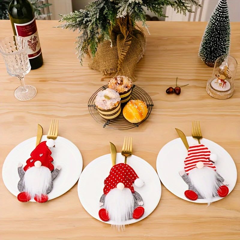 Christmas Gnome Cutlery Bags, Set of 6, Holiday Table Decorations, Polyester