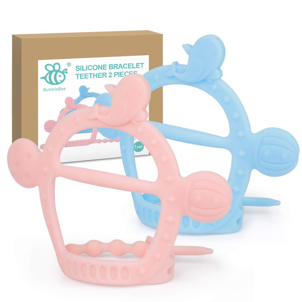 BumbleBee Baby Teether Toys Bracelet Toys for Teething Chewing Biting Needs,Infant Chewing Toys, Silicone Teethers Wearable, Ultra Soft, Adjustable Size for Babies and Toddler Wrist, 2 Pieces