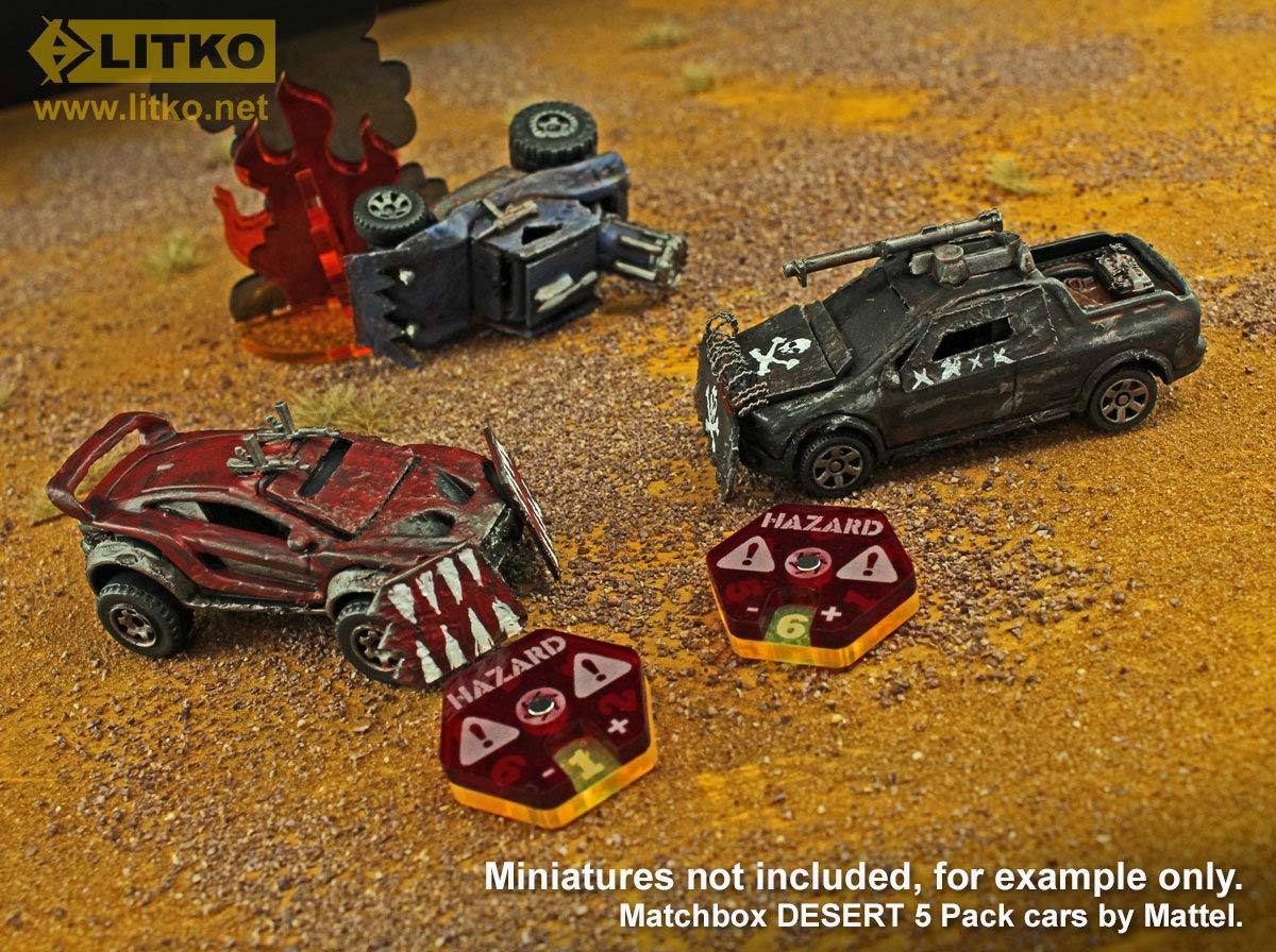 LITKO Gaslands Miniatures Game Dials | Compatible with Gaslands | Refulled | Gear | Ammo | Vote | Hazard | 2 Pack (Translucent Red & Fluorescent Yellow -Hazard)