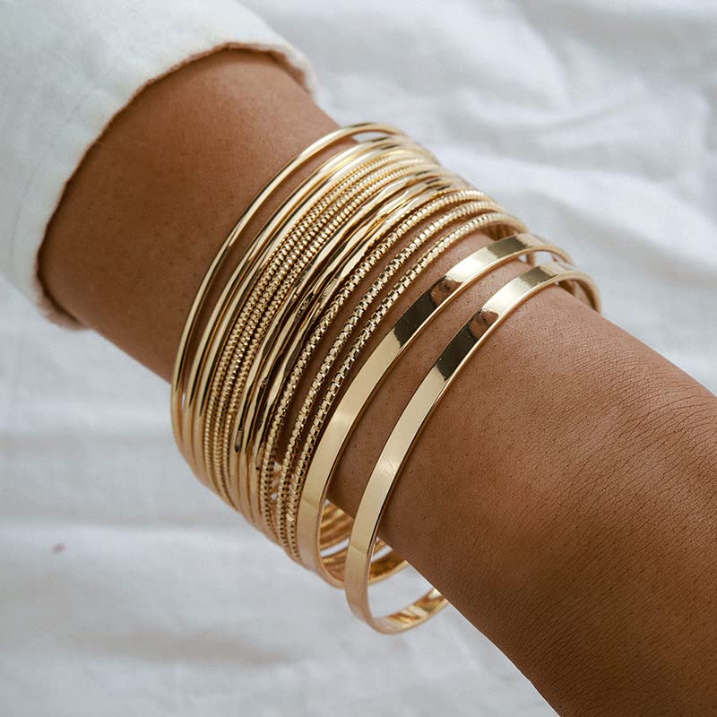 Boho Indian Multi Layer Bangle Bracelet Set for Women Girls Punk Gold Tone Stackable Alloy Metal Textured Smooth Bracelet