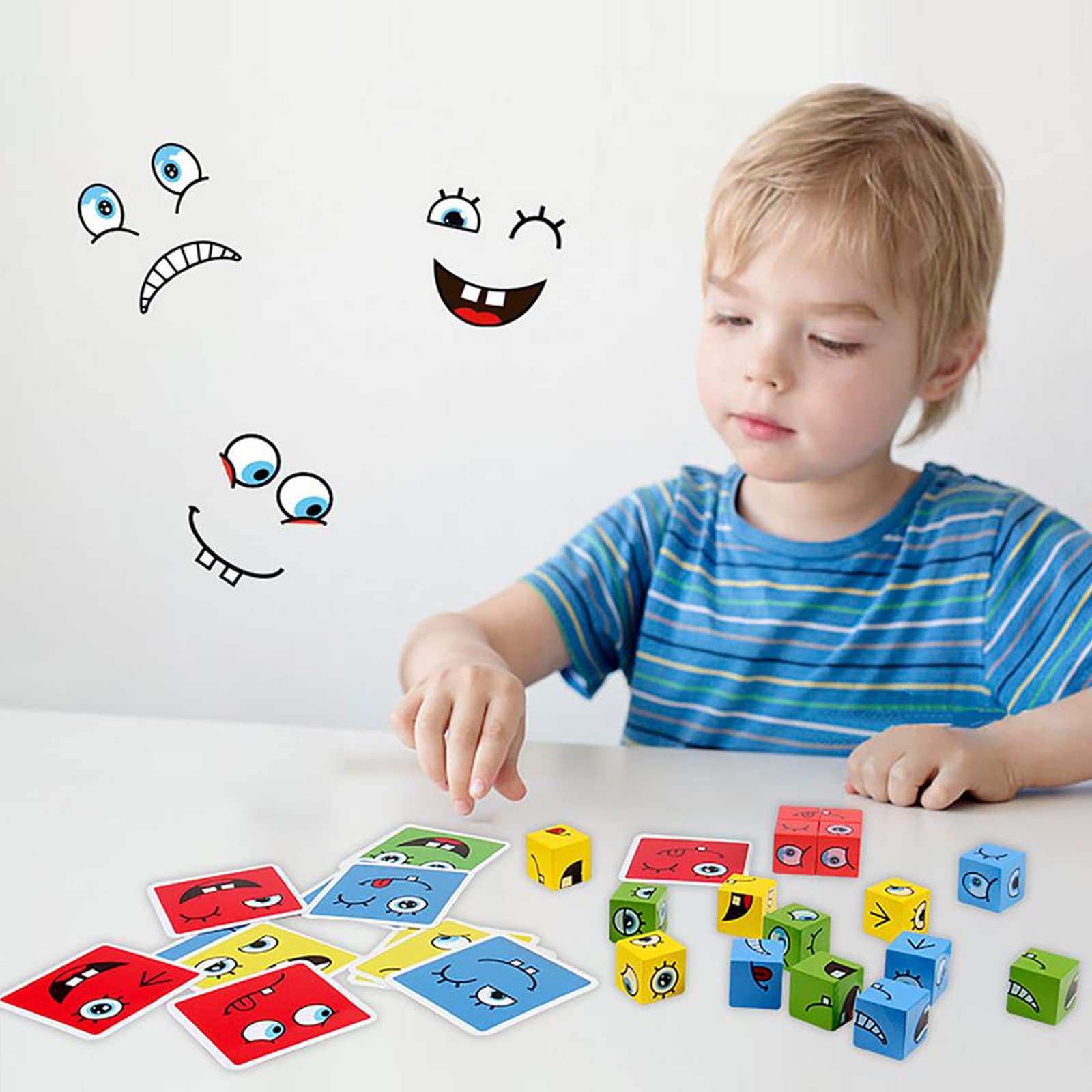 Wooden Face Changing Magic Cube Game, Expression Puzzle Building Blocks Pattern Matching Game with Bell, Educational Puzzles Toy Board Games for Kids and Adults