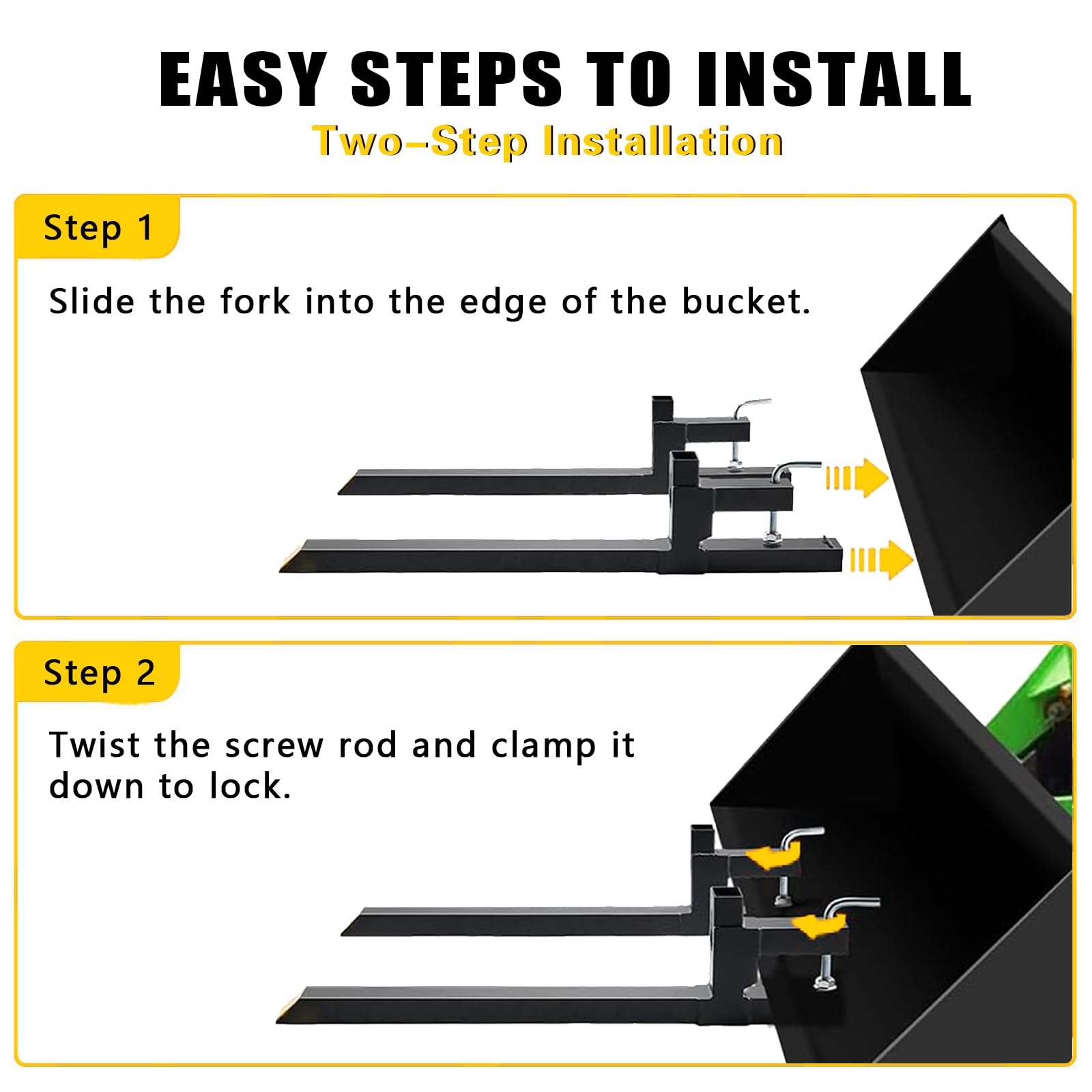 Clamp on Pallet Forks w/Adjustable Stabilizer Bar -60" 2000lbs Max- Pallet Forks Clamp On for Tractor Bucket (60inch Total Length)